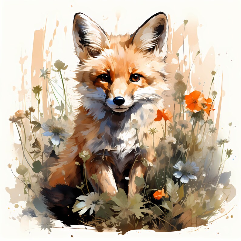 Cute Baby Fox Watercolor Clipart Bundle, Fox in Meadow Clipart ...
