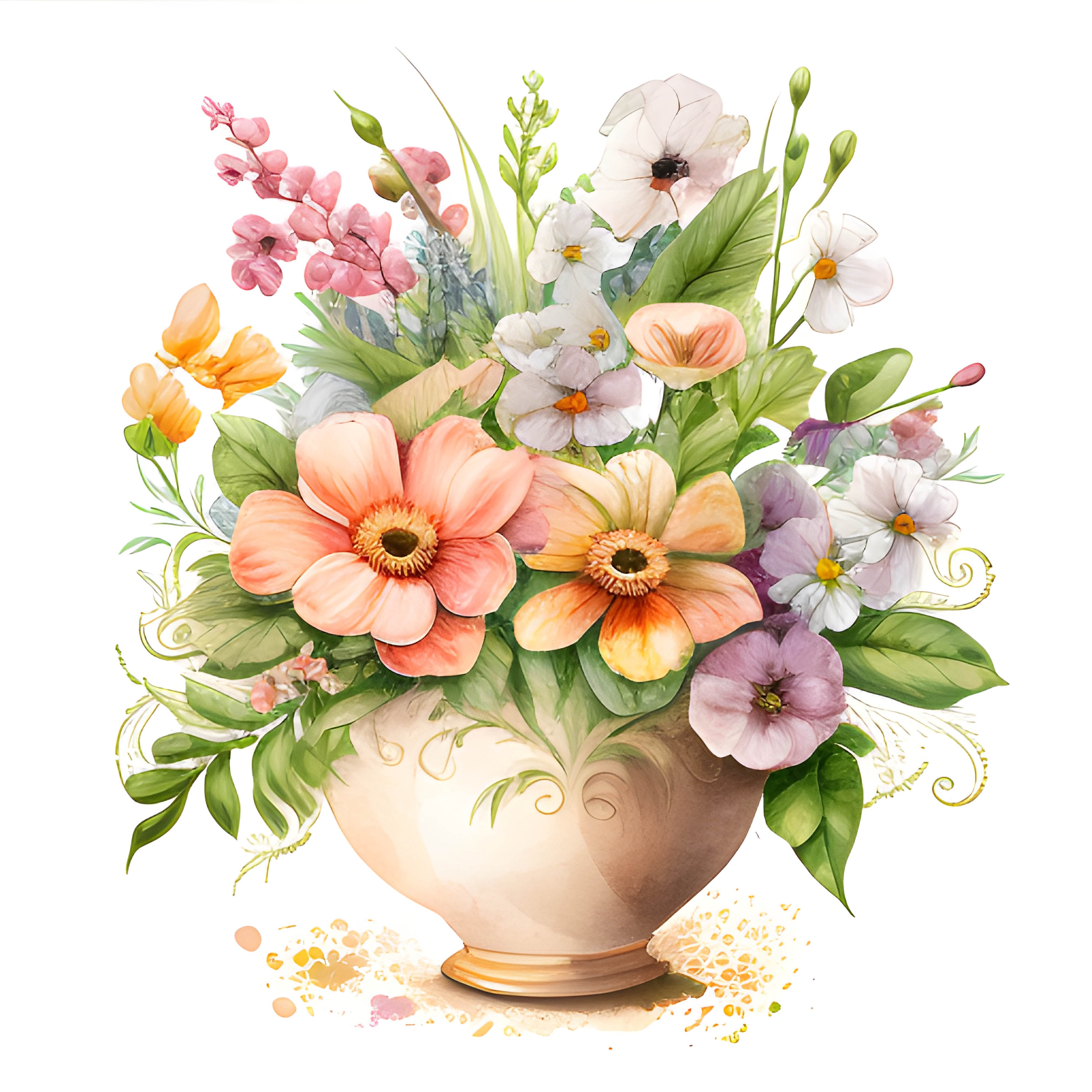 Spring Flowers Vase Watercolor Clipart, Watercolor Floral Clipart, Pink ...