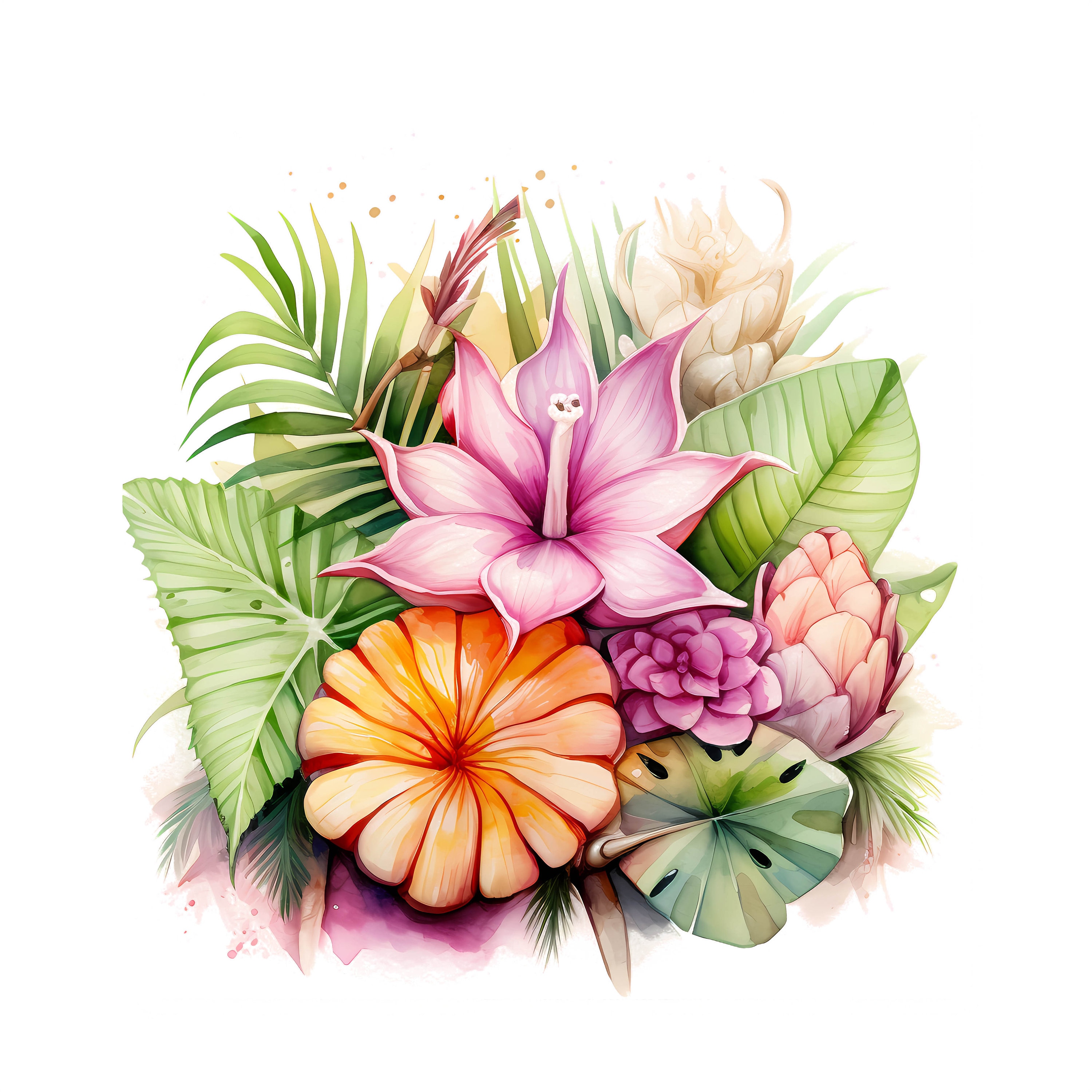Hawaiian Flowers Watercolor Drawing Clipart Bundle, Tropical Paradise ...