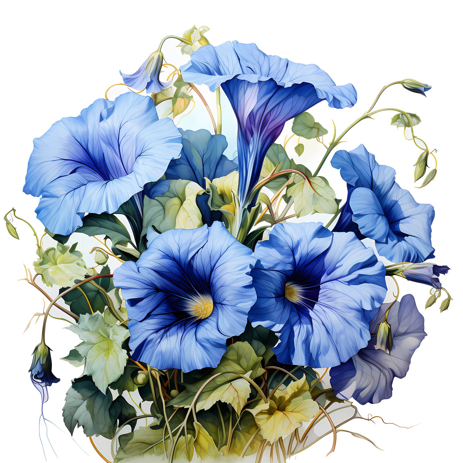 Morning Glory Flowers Watercolor Clipart, Blue Flowers Set, Floral ...