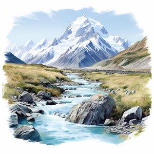 Mount Cook National Park Watercolor Sketch Art, Mount Cook Printable ...