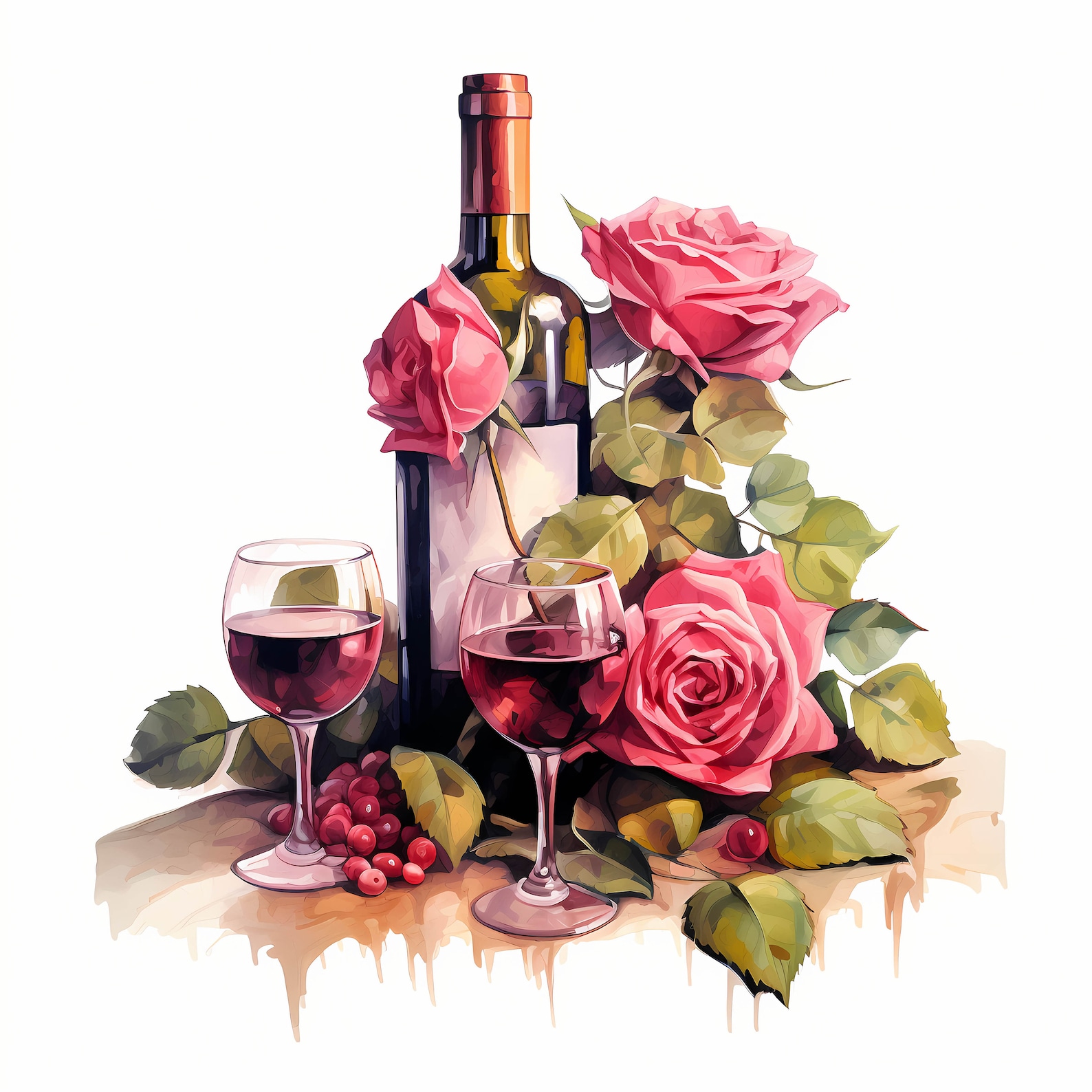 Roses and Wine Watercolor Clipart Bundle, Romantic Roses and Wine Glass ...