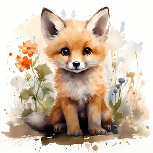 Cute Baby Fox Watercolor Clipart Bundle, Fox in Meadow Clipart ...