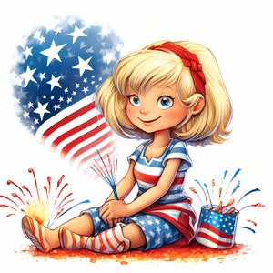 Cartoon American Girl Clipart, Independence Day Set, July 4th USA ...