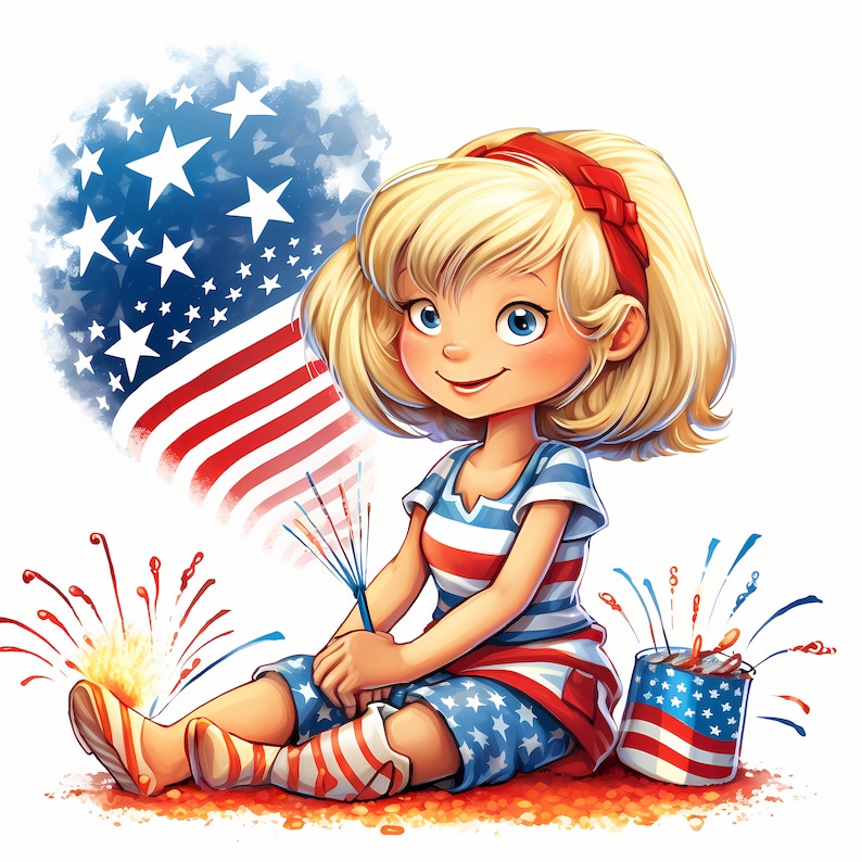 Cartoon American Girl Clipart, Independence Day Set, July 4th USA ...