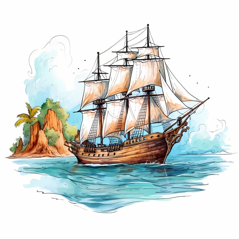 Vintage Ship Color Sketch Clipart Bundle Colorful Old Dream - Etsy