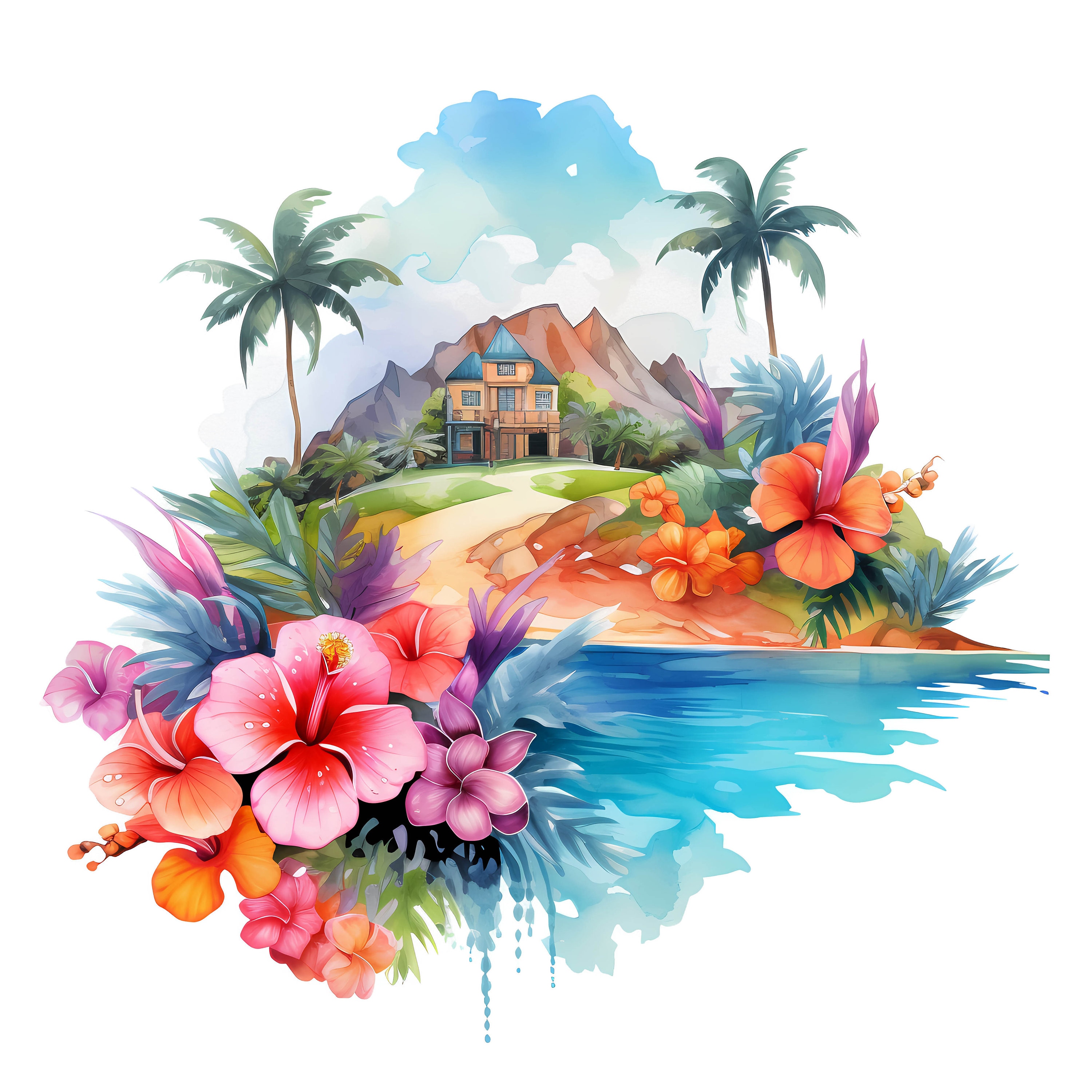 Hawaii Paradise Watercolor Drawing Clipart Bundle, Tropical Paradise ...
