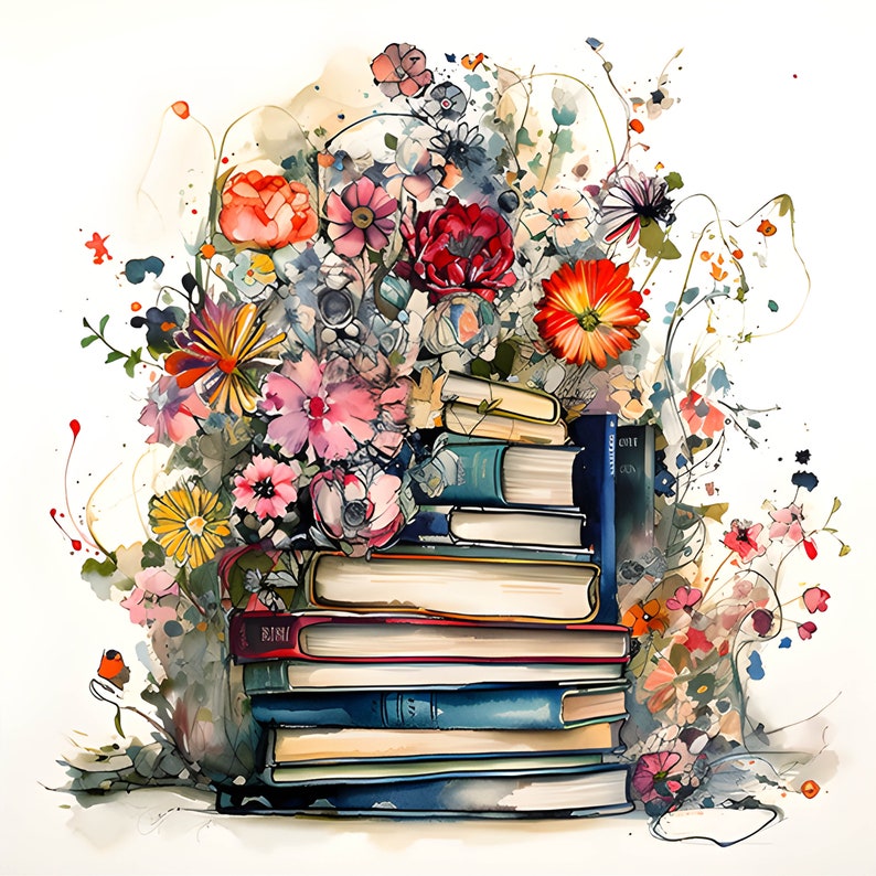 Watercolor Stack of Fantasy Books Clipart, Fantasy Books and Flowers ...