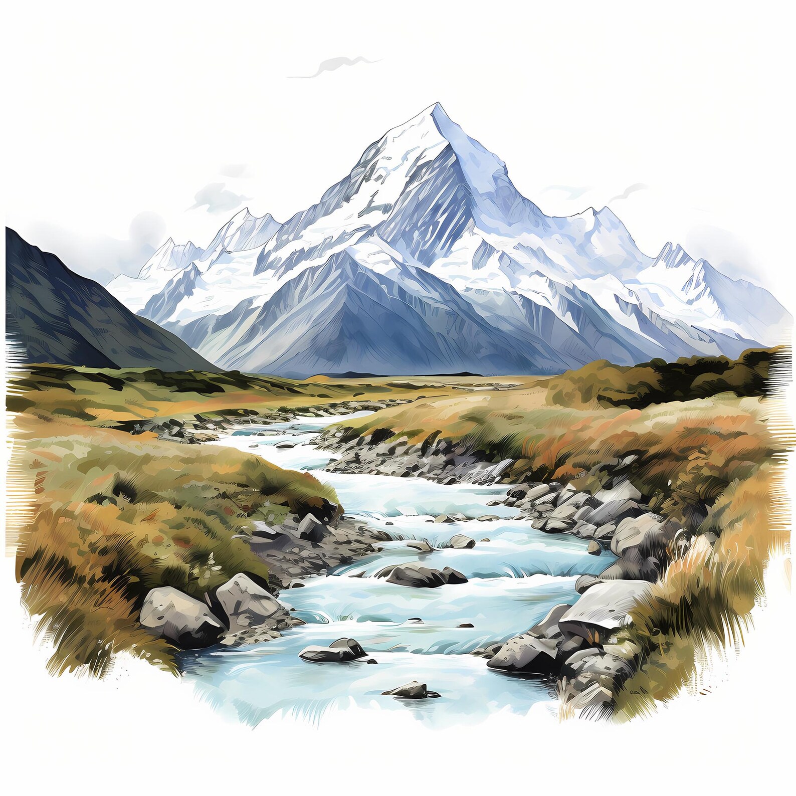 Mount Cook National Park Watercolor Sketch Art Mount Cook - Etsy