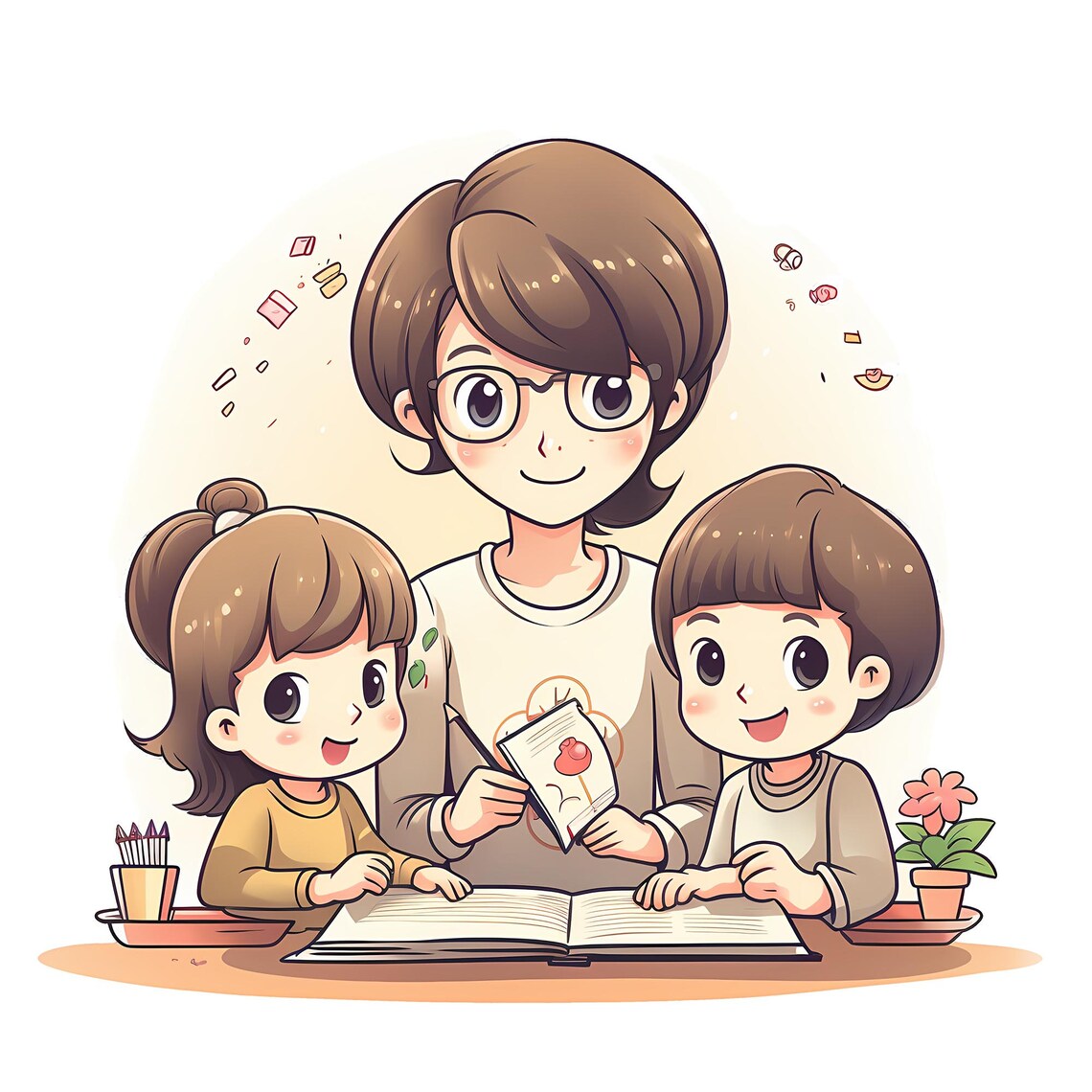Mom Teaching Her Kids Clipart Bundle, Cute Chibi Mom and Kids Studying ...