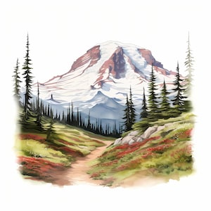 Mount Rainier National Park Watercolor Sketch Art, Mount Rainier ...