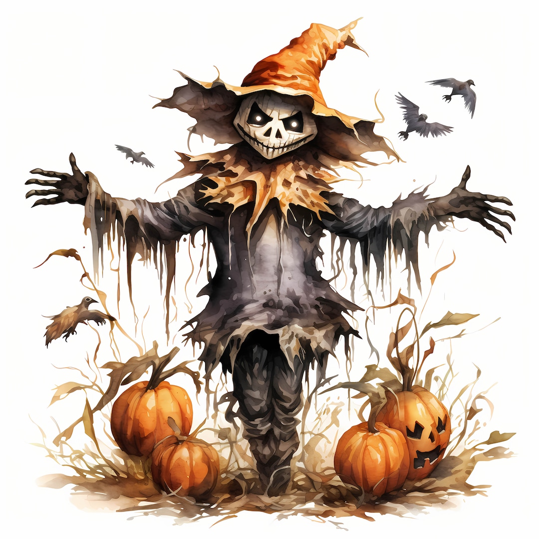 Halloween Spooky Scarecrow Watercolor Clipart Bundle, Halloween Spooky ...