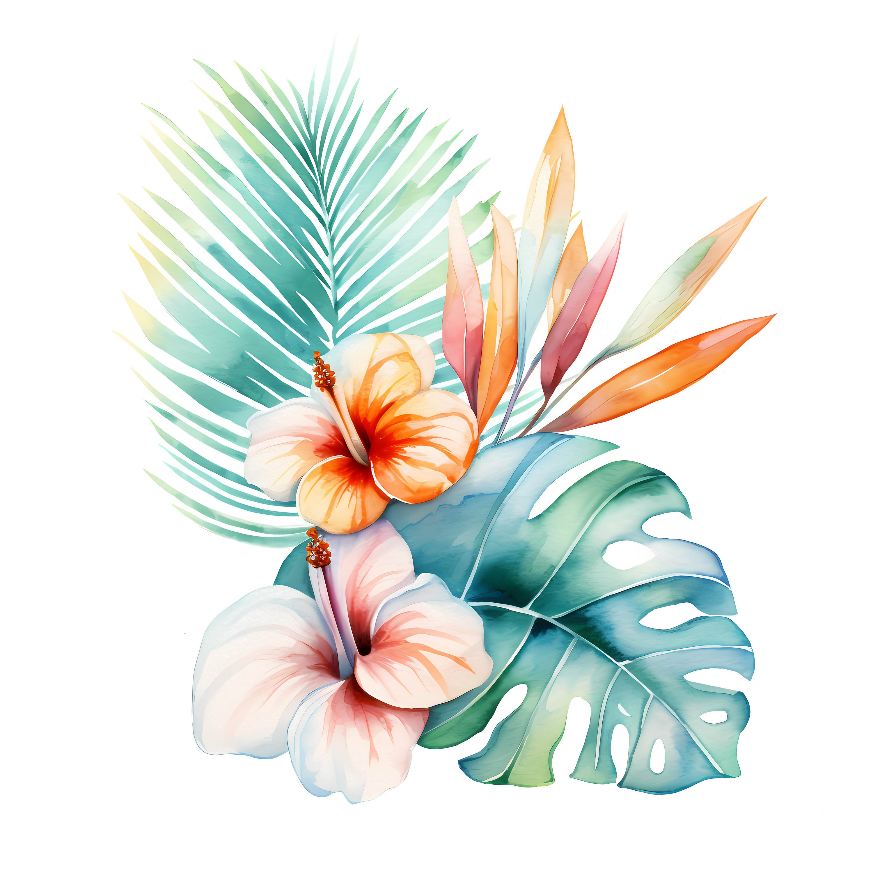 Hawaiian Flowers Watercolor Drawing Clipart Bundle, Tropical Paradise ...