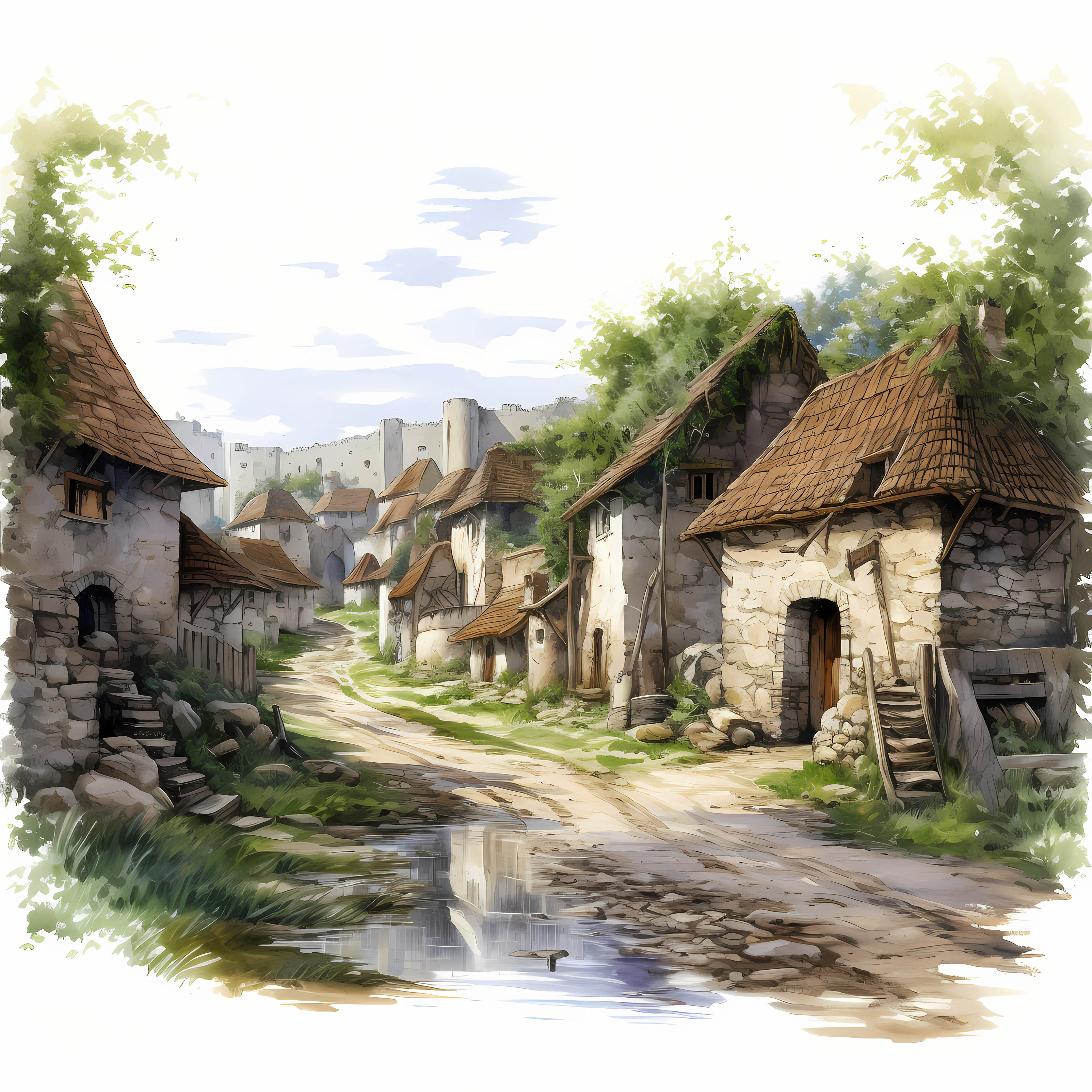 Beautiful Medieval Village Landscape Watercolor Clipart Bundle, Smartno ...
