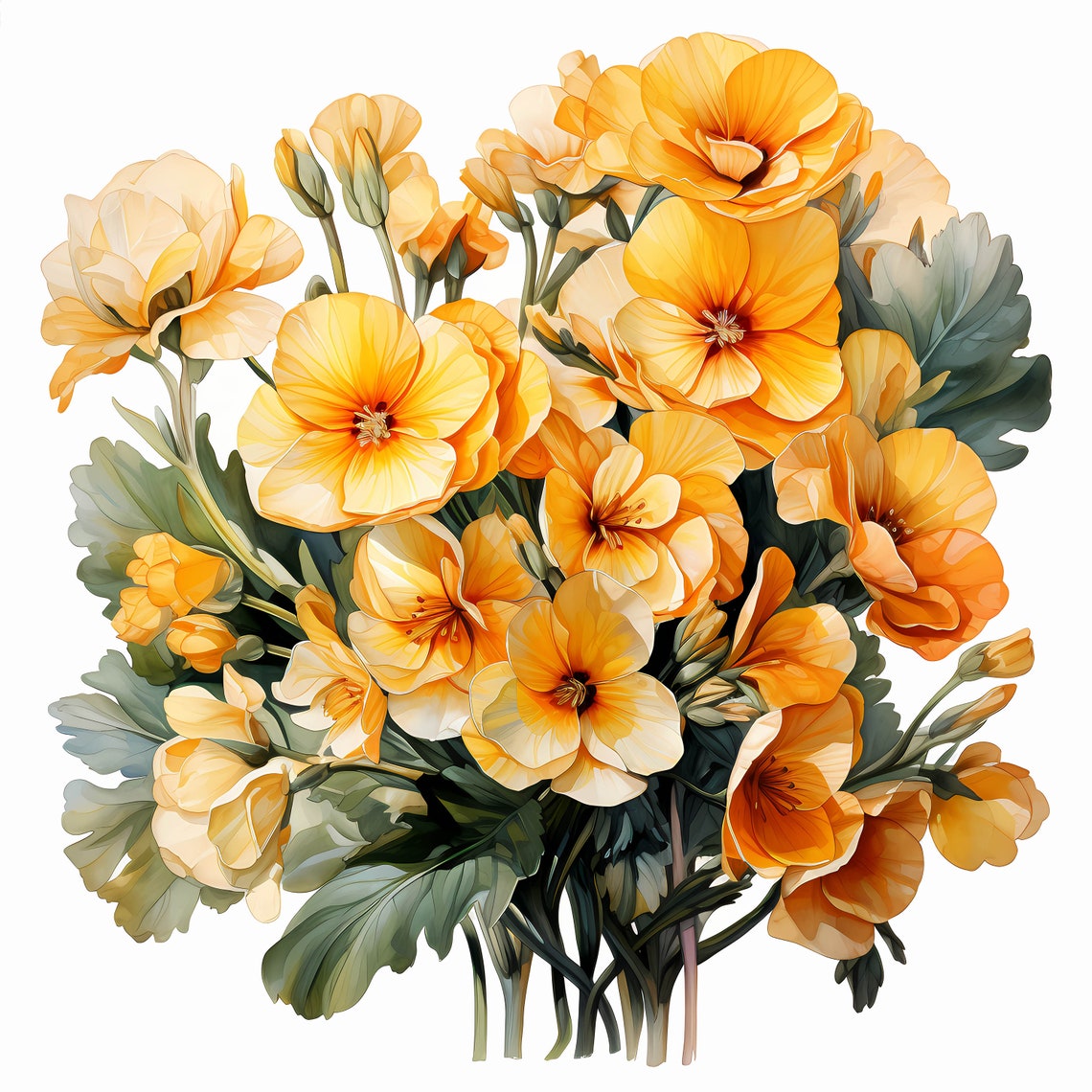 Primrose Flowers Bouquet Watercolor Clipart Bundle, Watercolor Floral ...