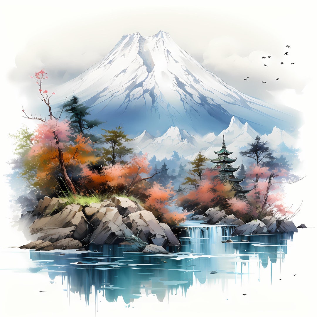 Serene Mount Fuji Watercolor Clipart, Serene Mount Fuji Landscape ...