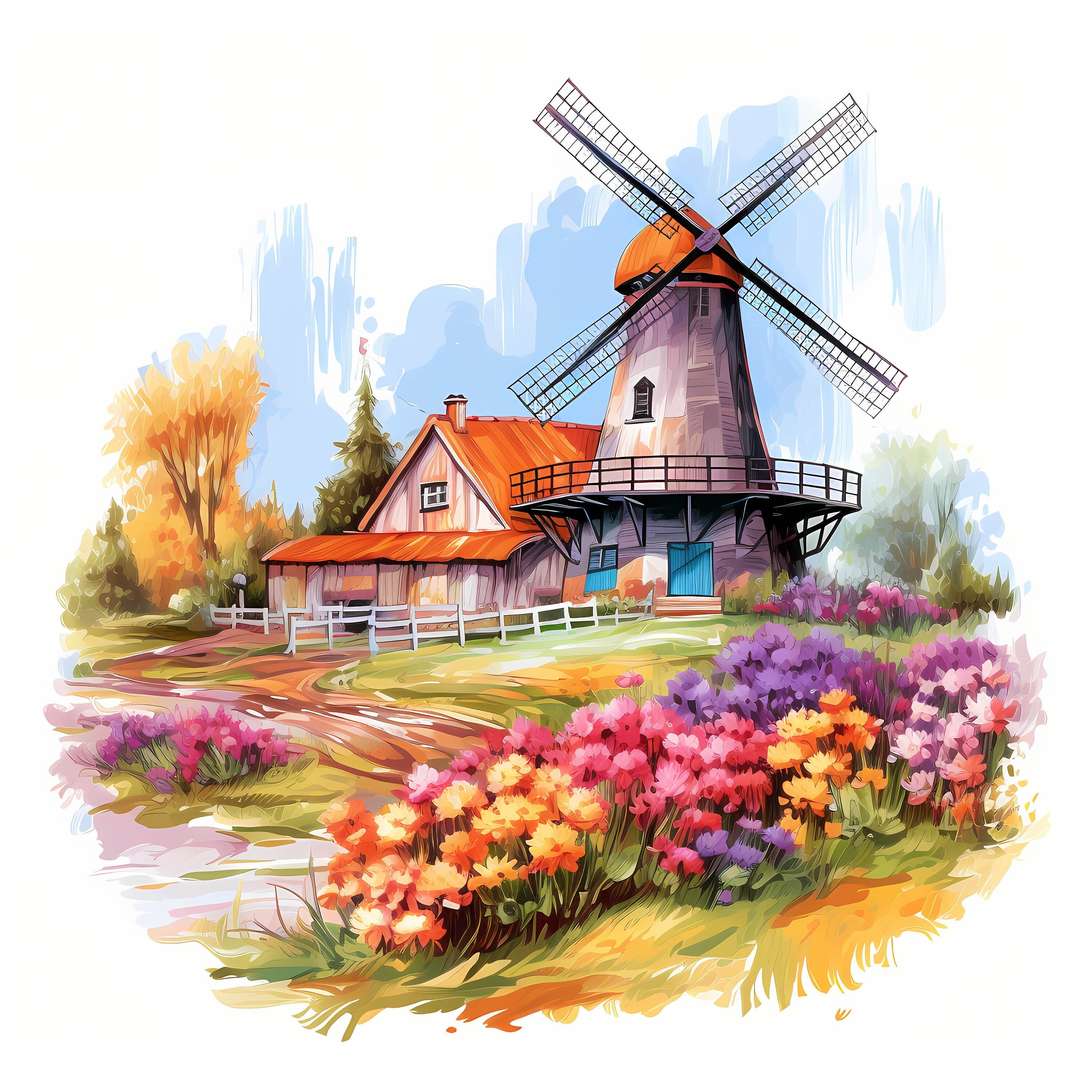 Farmhouse Cottage Watercolor Clipart Bundle, Beautiful Windmill on a ...