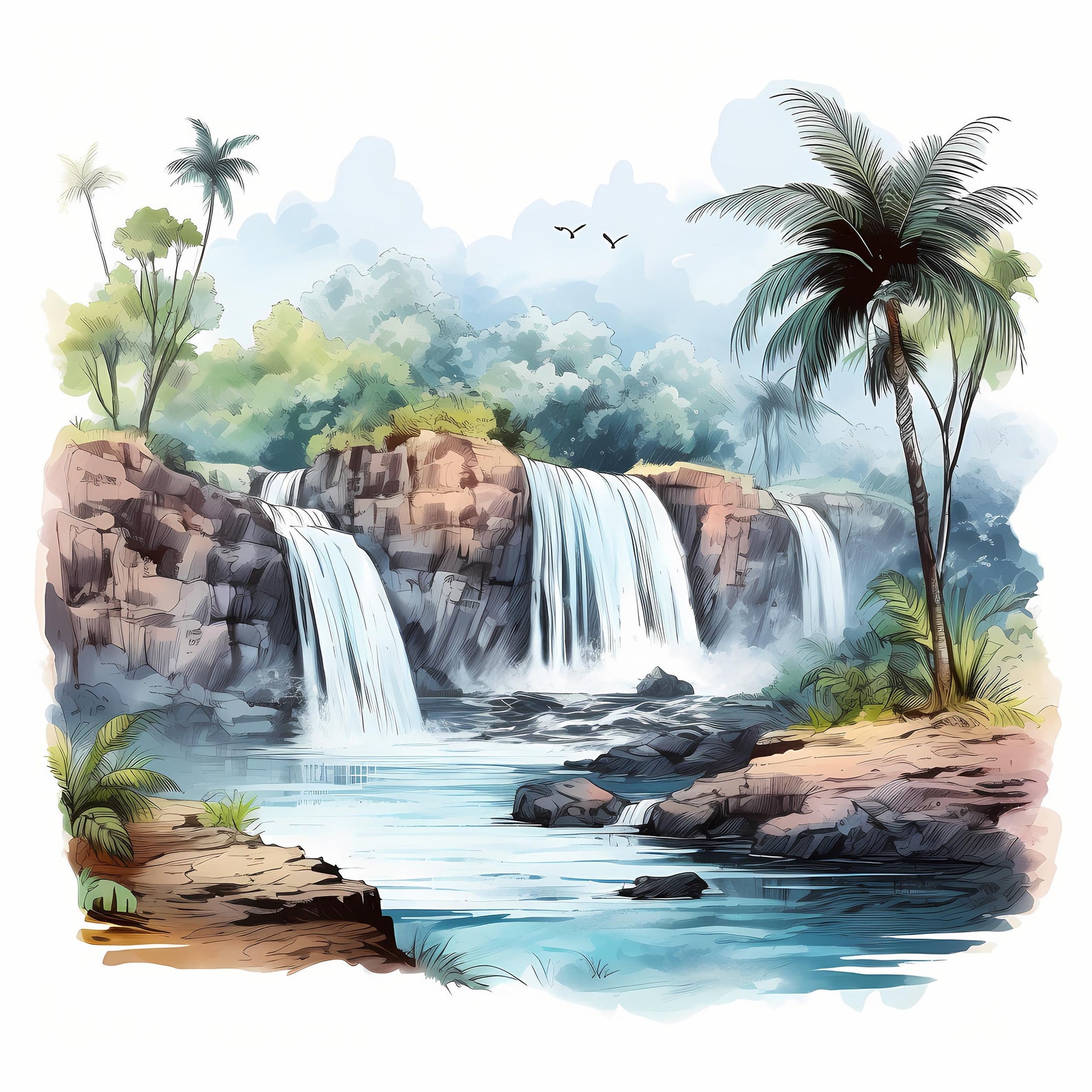 Misty Tropical Waterfall Watercolor Bundle, Tropical Waterfall ...