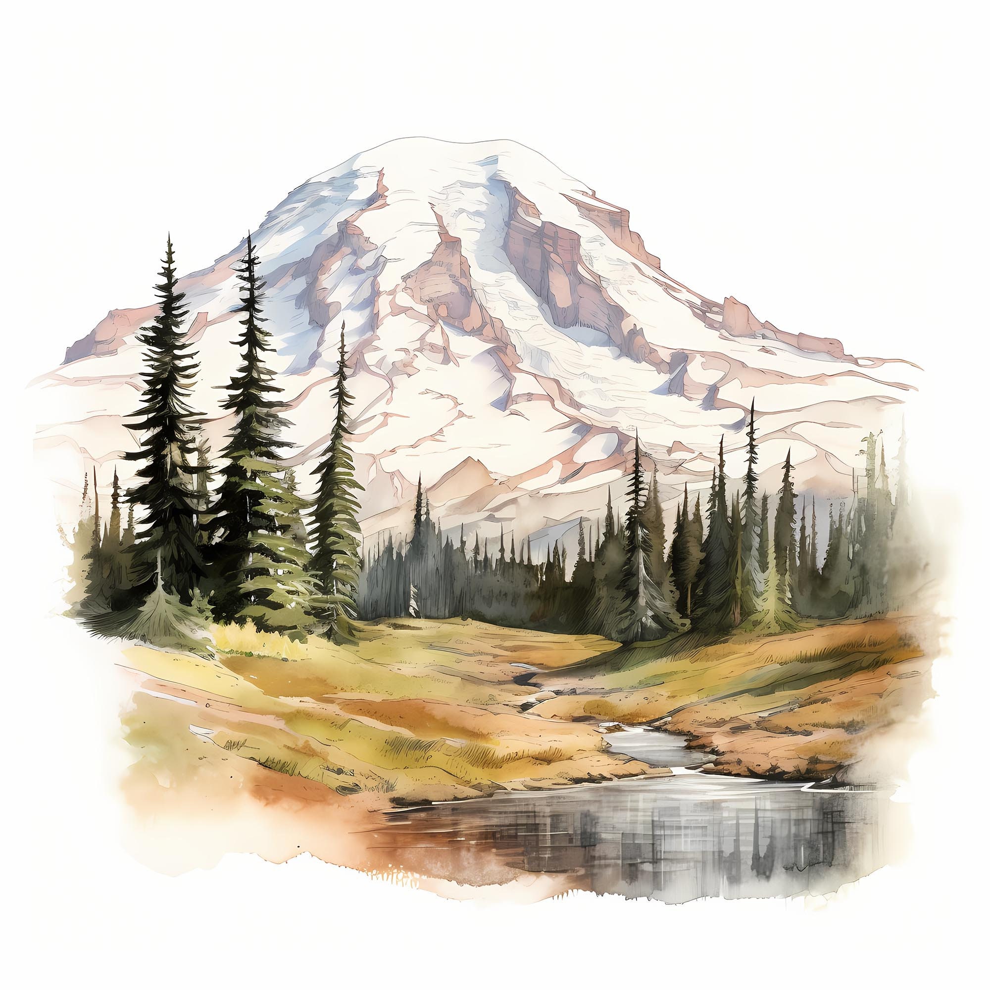 Mount Rainier National Park Watercolor Sketch Art, Mount Rainier ...