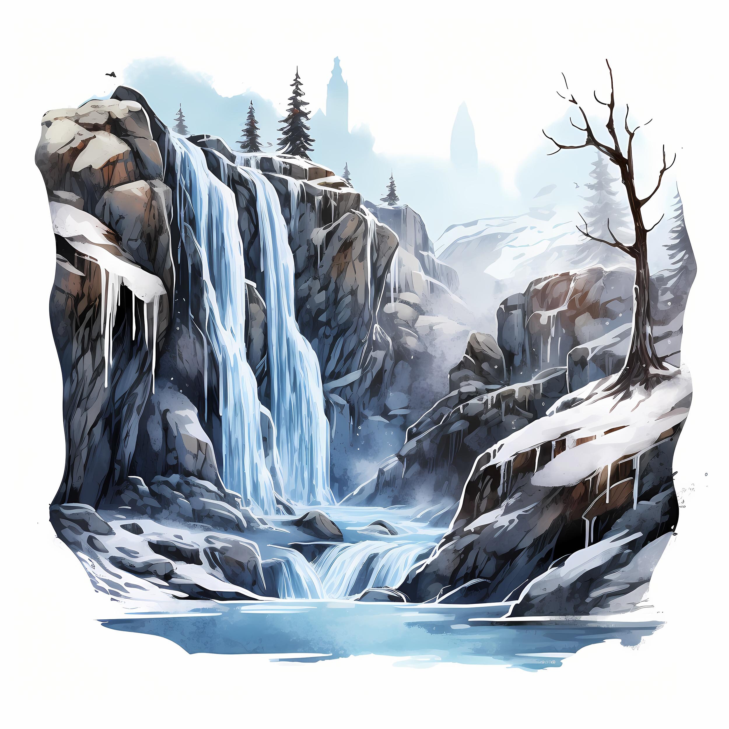 Mooie bevroren waterval aquarel clipart bundel, bevroren waterval ...