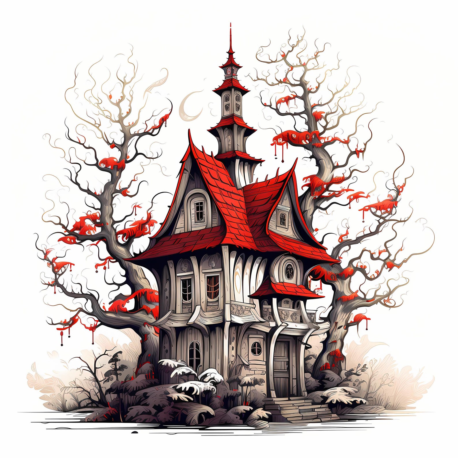 Halloween Baba Yaga House Watercolor Clipart Bundle, Minimalist ...