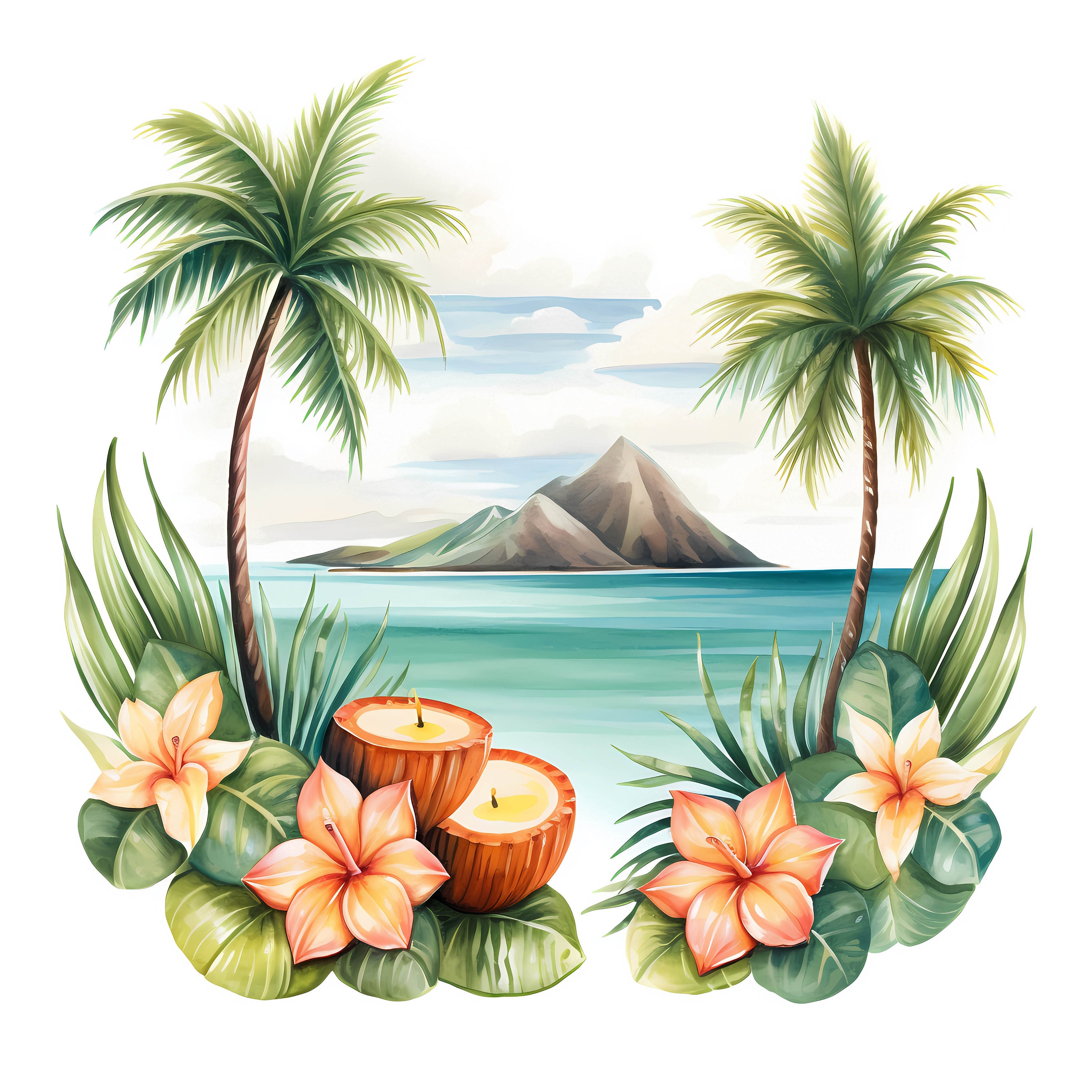Hawaii Paradise Watercolor Drawing Clipart Bundle, Tropical Paradise ...