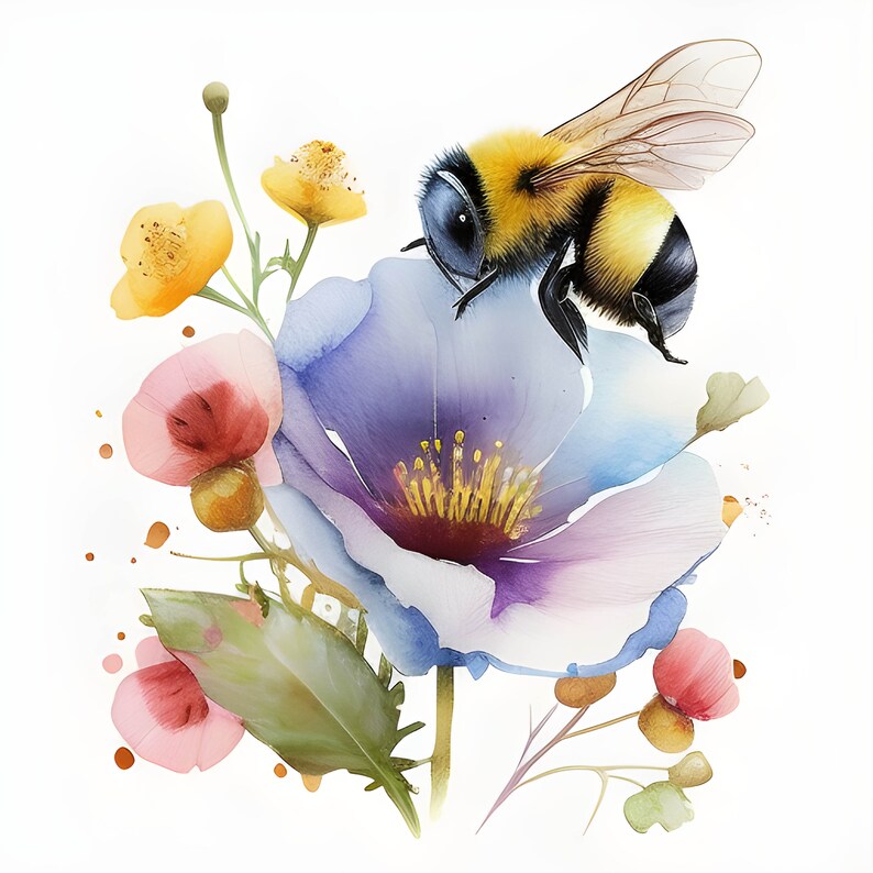 Watercolor Honey Bee Clipart, Spring Garden Bee Clipart, Wild Flowers ...