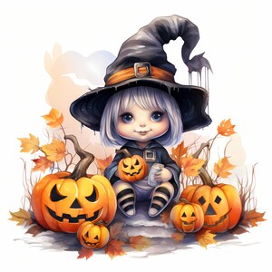 Halloween Cute Little Witch Portrait Watercolor Clipart Bundle ...