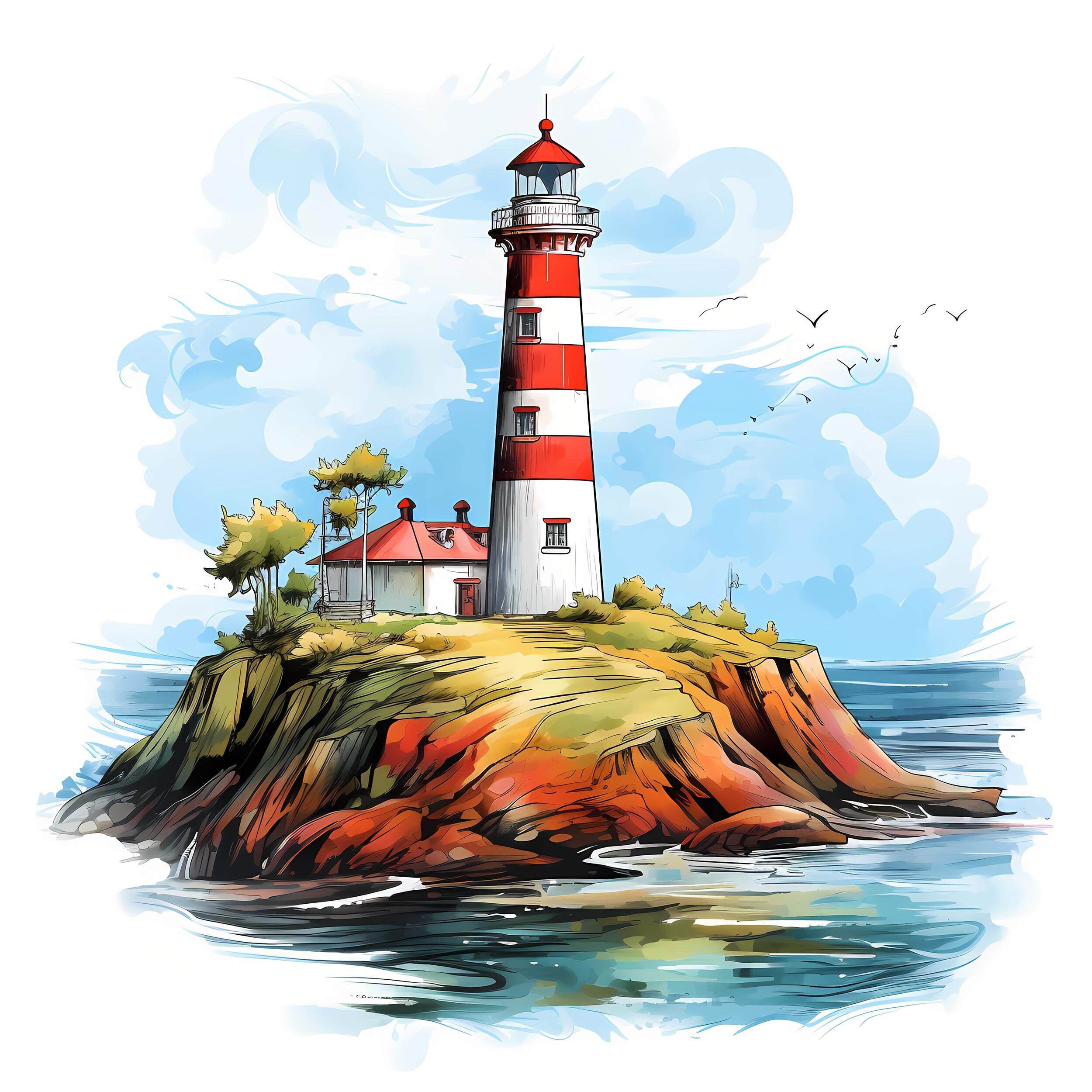 Seashore Lighthouse Watercolor Clipart, Seashore Lighthouse Scene, Card and Journal Making ...