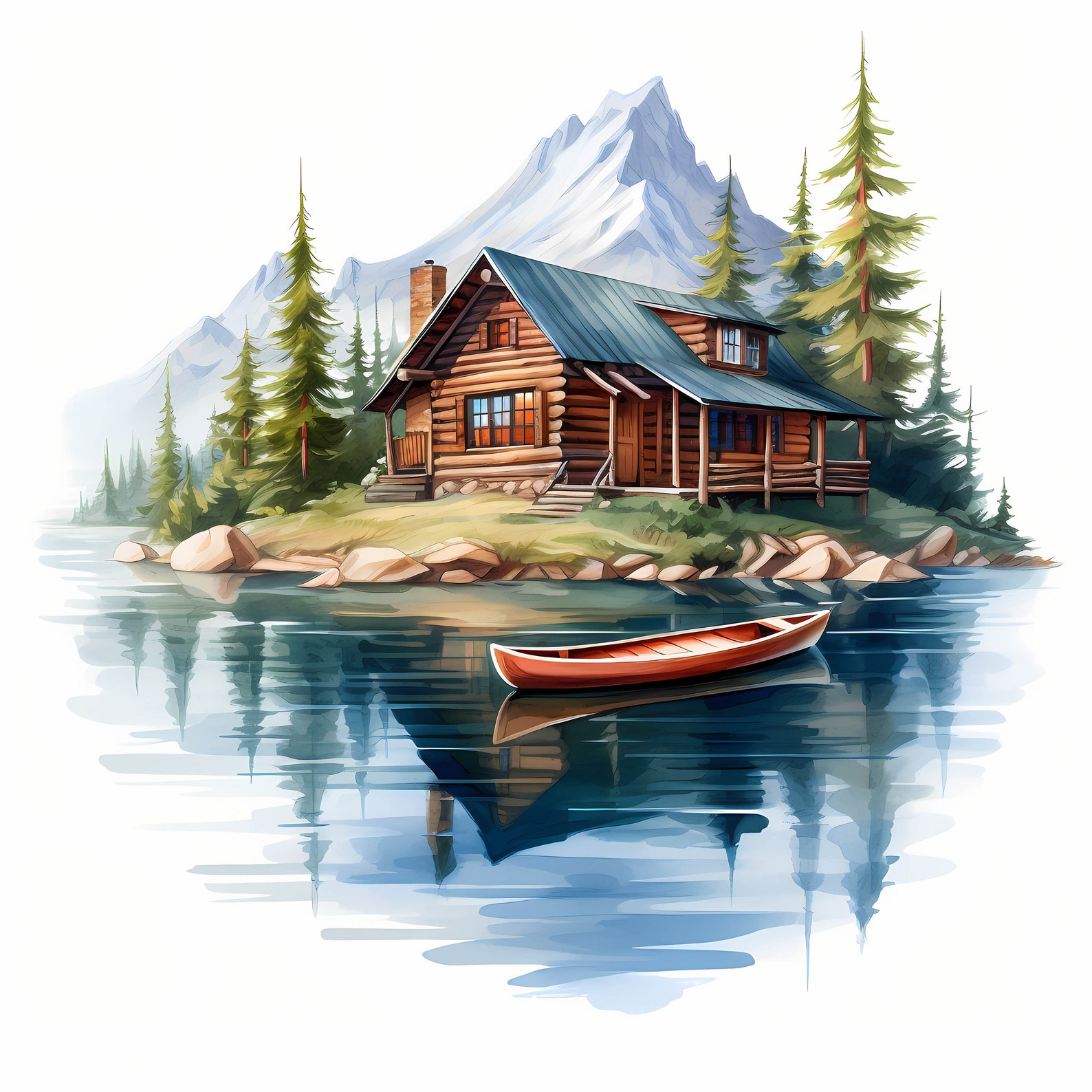 Romantic Mountain Cabin Watercolor Clipart Bundle, Mountain Cabin Printable Sketch Set, Card ...