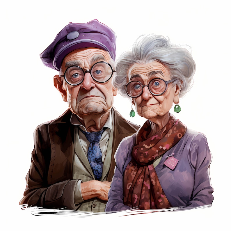 Funny Grandma and Grandpa Watercolor Clipart Bundle, Cute Elderly ...