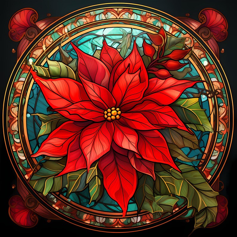 Stained Glass Poinsettia Clipart, Floral Clipart, Poinsettia Set ...