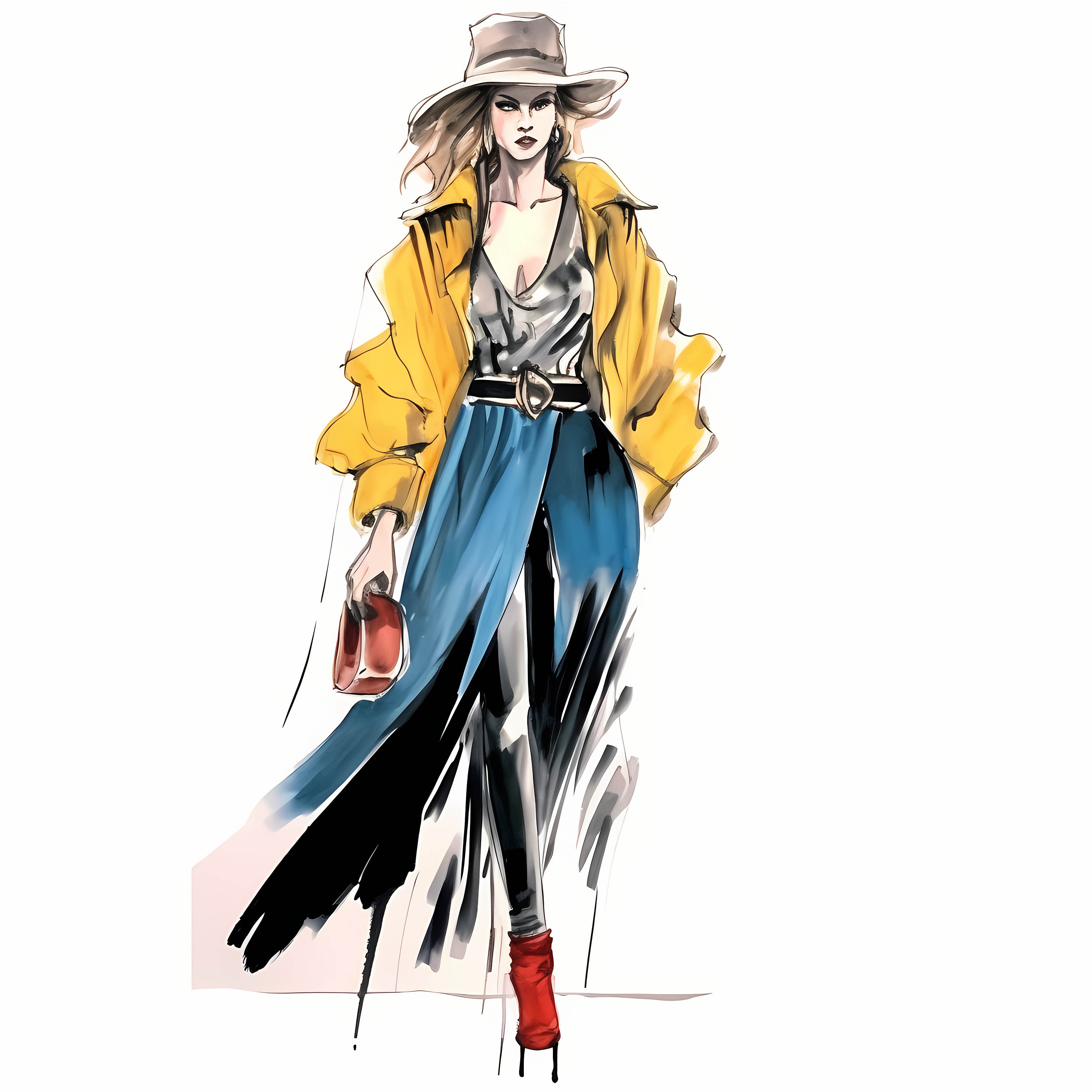 Watercolor Pencil Sketch Vibrant Fashion Girl Clipart, Modern Street ...