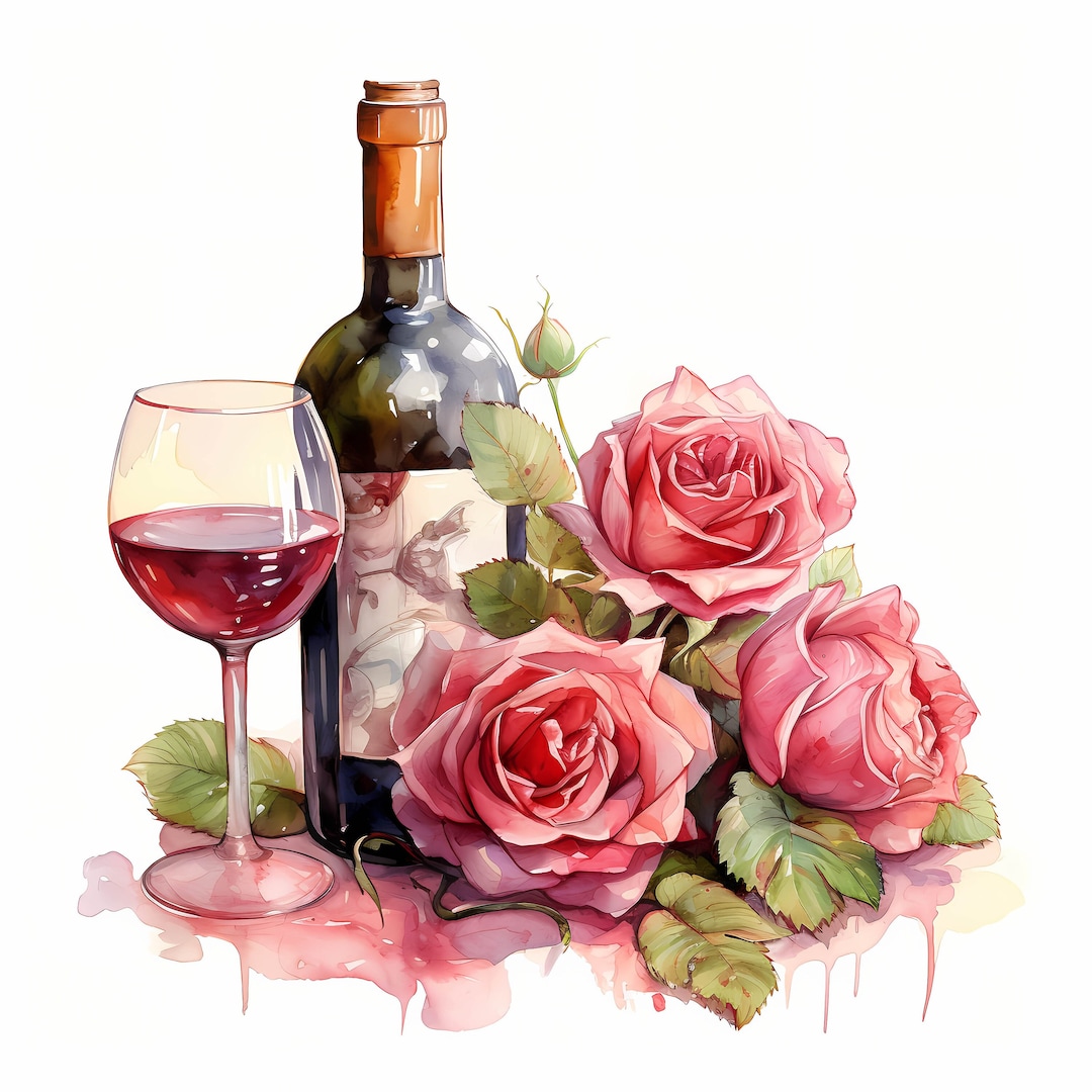 Roses and Wine Watercolor Clipart Bundle, Romantic Roses and Wine Glass ...