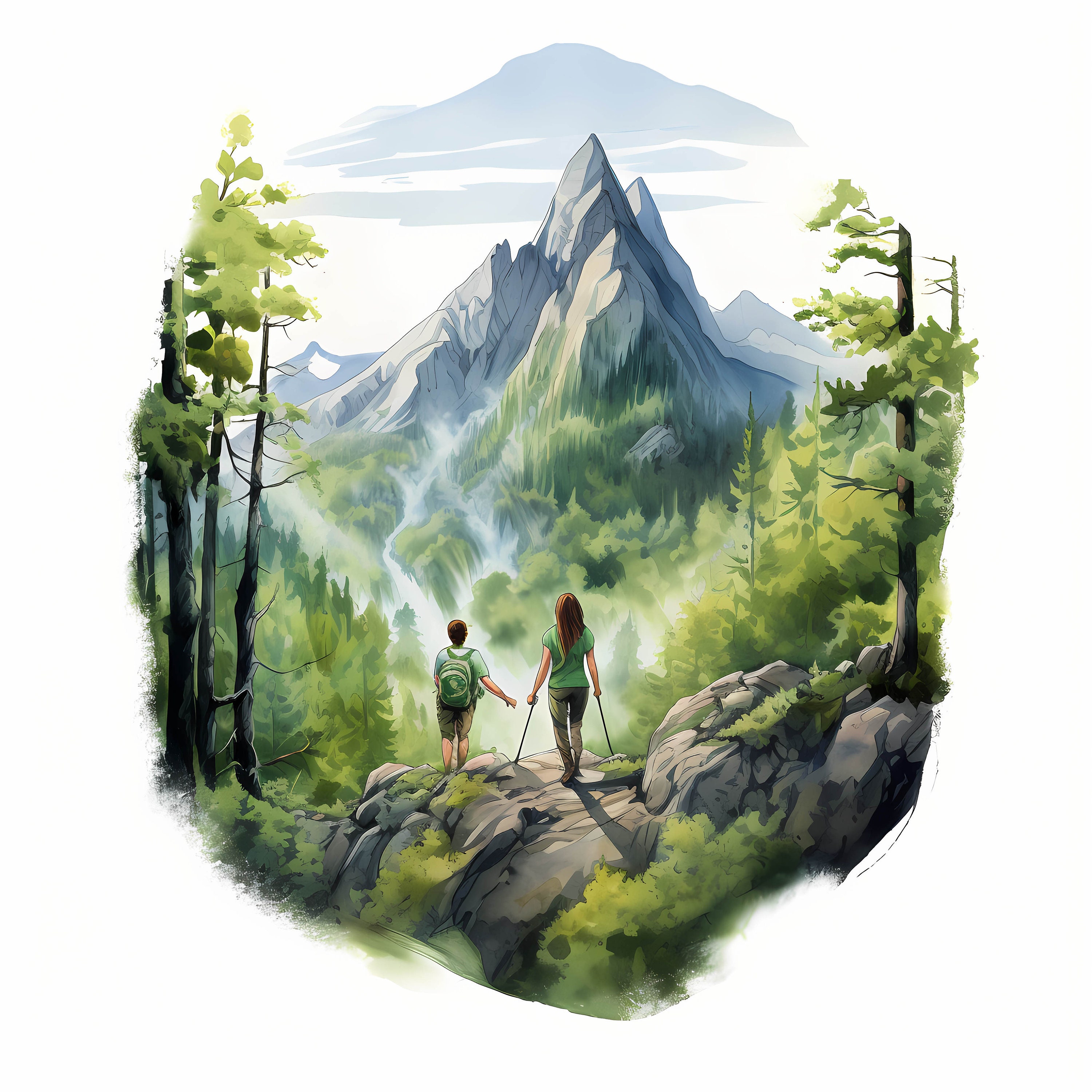 Mountain Hiking Drawing Clipart Bundle, Friends Hiking Clipart Set ...