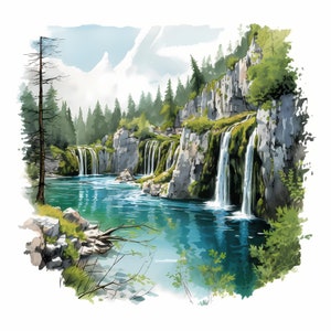 Plitvice Lakes National Park Watercolor Sketch, Plitvice Lakes National ...