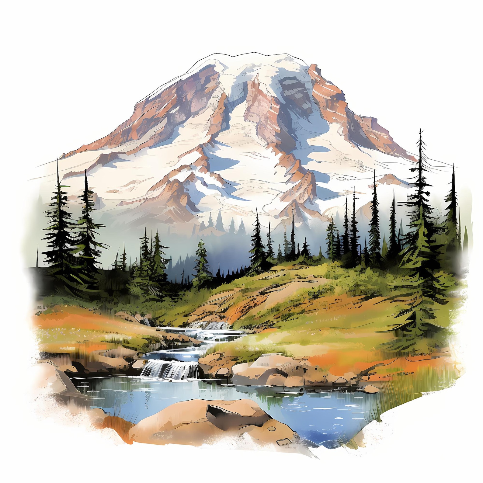 Mount Rainier National Park Watercolor Sketch Art, Mount Rainier ...