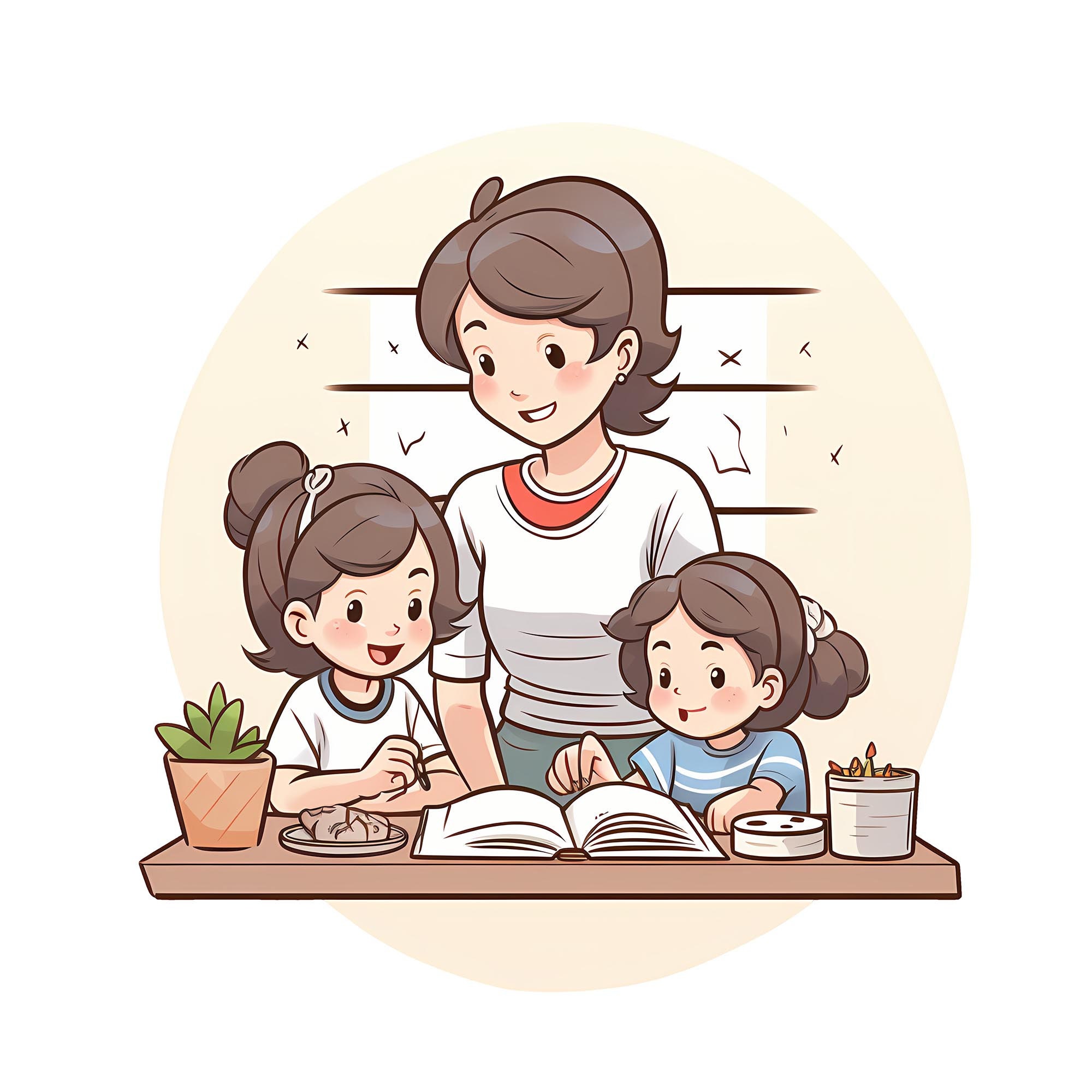 Mom Teaching Her Kids Clipart Bundle, Cute Chibi Mom and Kids Studying ...