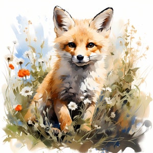 Cute Baby Fox Watercolor Clipart Bundle, Fox in Meadow Clipart ...