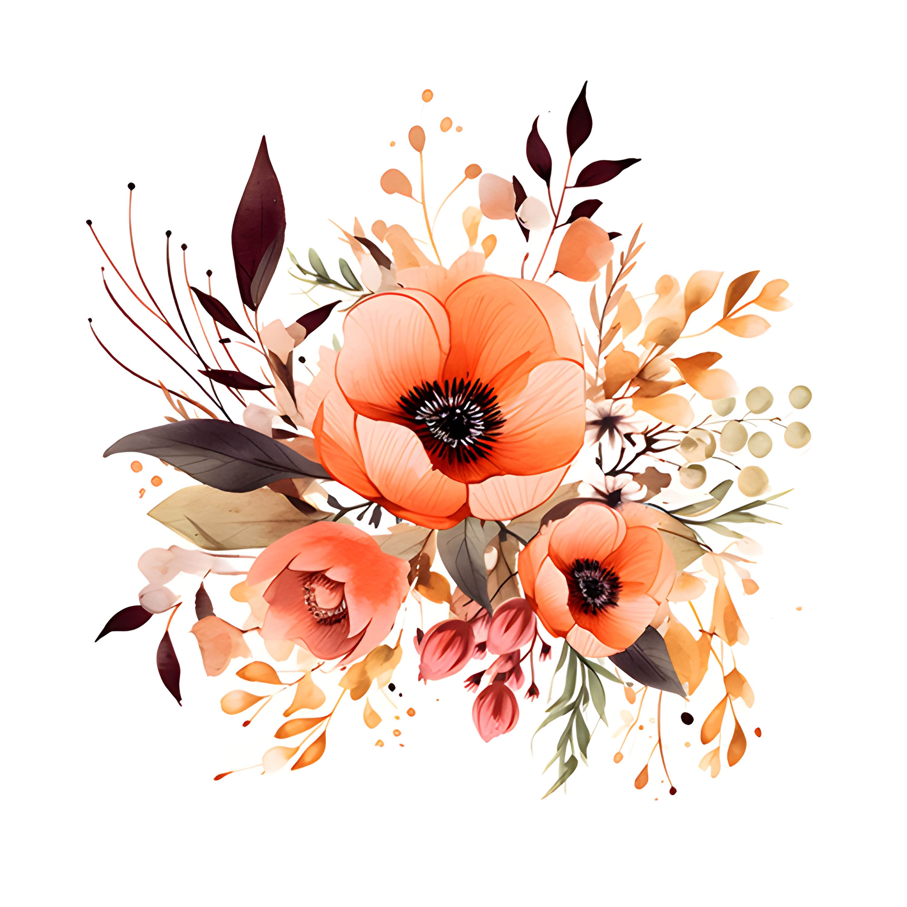 Watercolor Boho Flowers, Bohemian Flowers Peach Bouquet Clipart, Boho ...