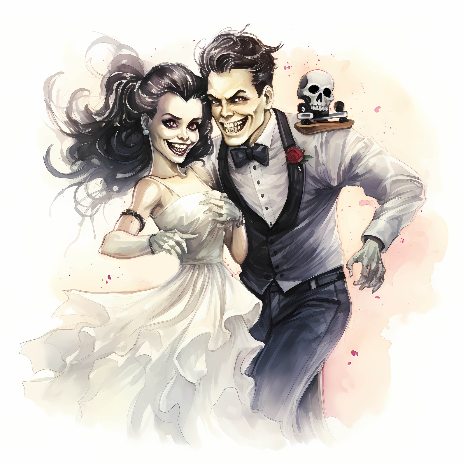 Halloween Zombie Sketch Groom and Bride Watercolor Clipart, Halloween ...