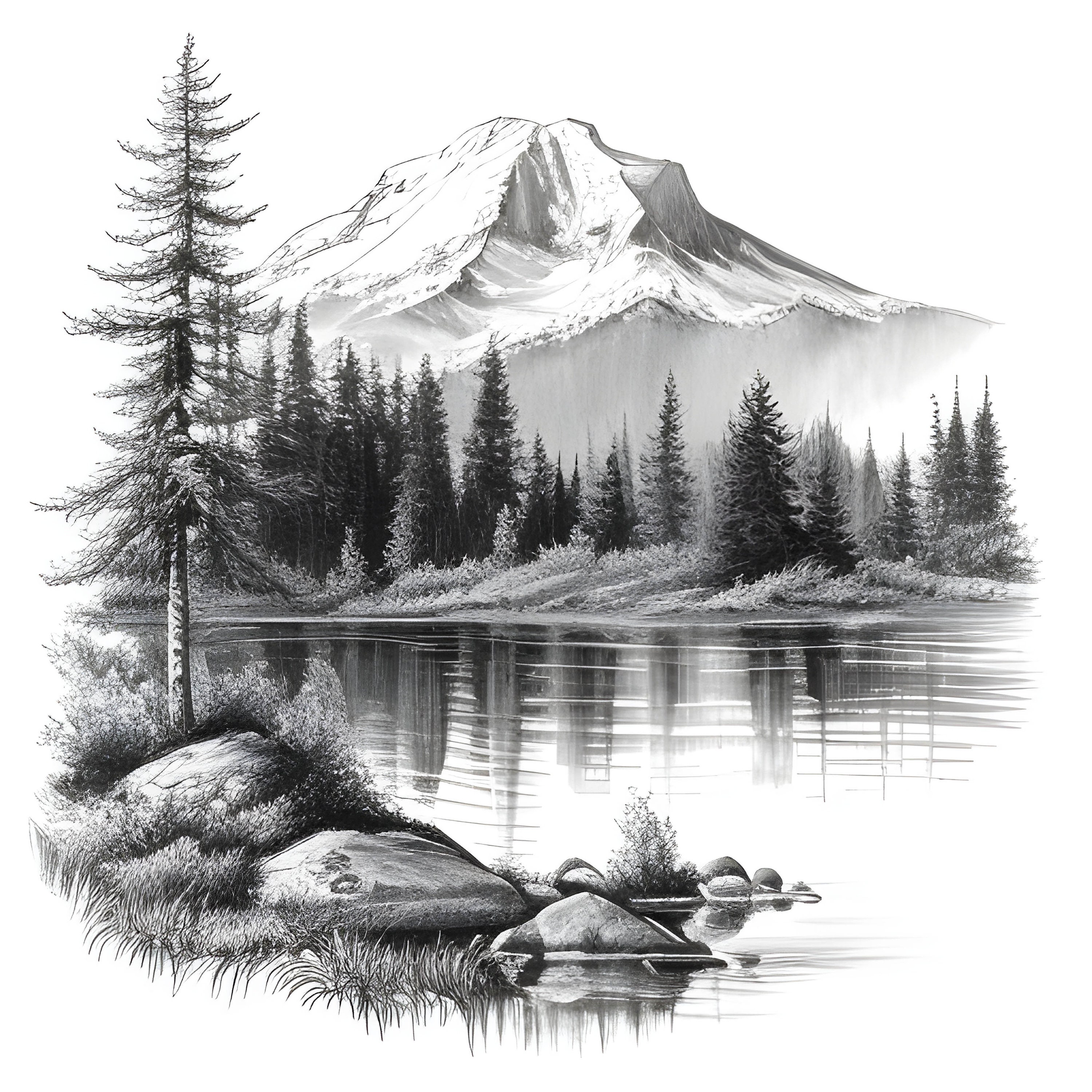 Minimalist Sketched Mountain Landscape Lake Clipart Mountain - Etsy