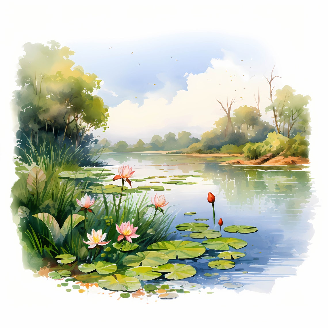 Serene River With Lotus Flowers Watercolor Clipart Bundle - Etsy
