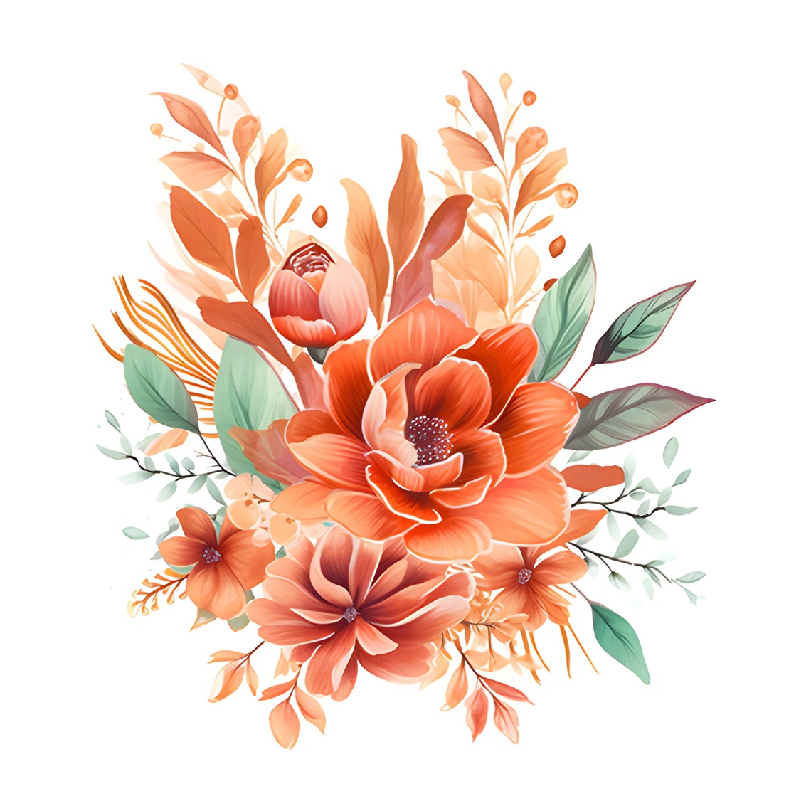 Watercolor Boho Flowers Bohemian Flowers Peach Bouquet - Etsy