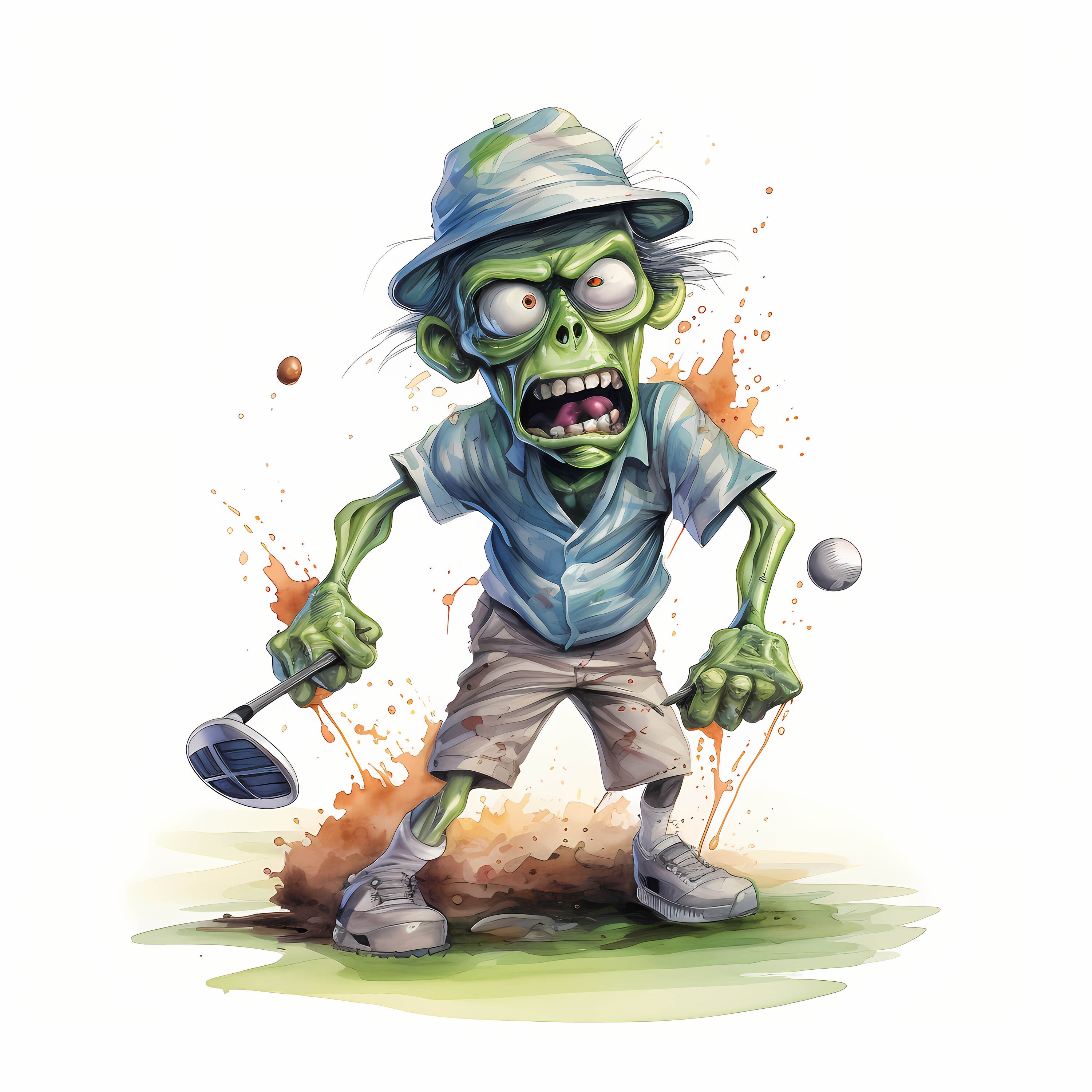 Zombie Golf Player Portrait Watercolor Clipart, Halloween Zombie Sports ...