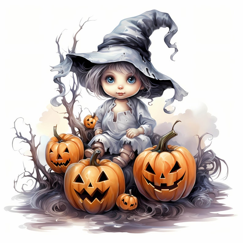Halloween Cute Little Witch Portrait Watercolor Clipart Bundle ...