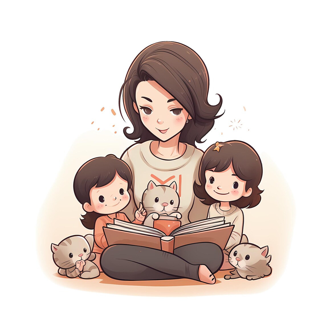 Mom Teaching Her Kids Clipart Bundle, Cute Chibi Mom and Kids Studying ...