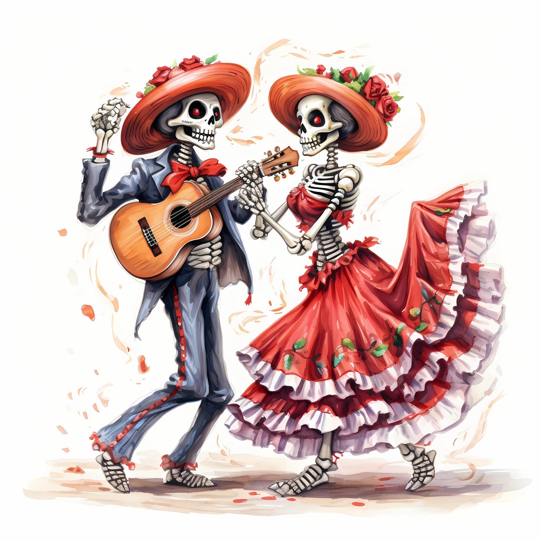 Halloween Spooky Romantic Skeleton Couple Dancing Salsa Watercolor ...