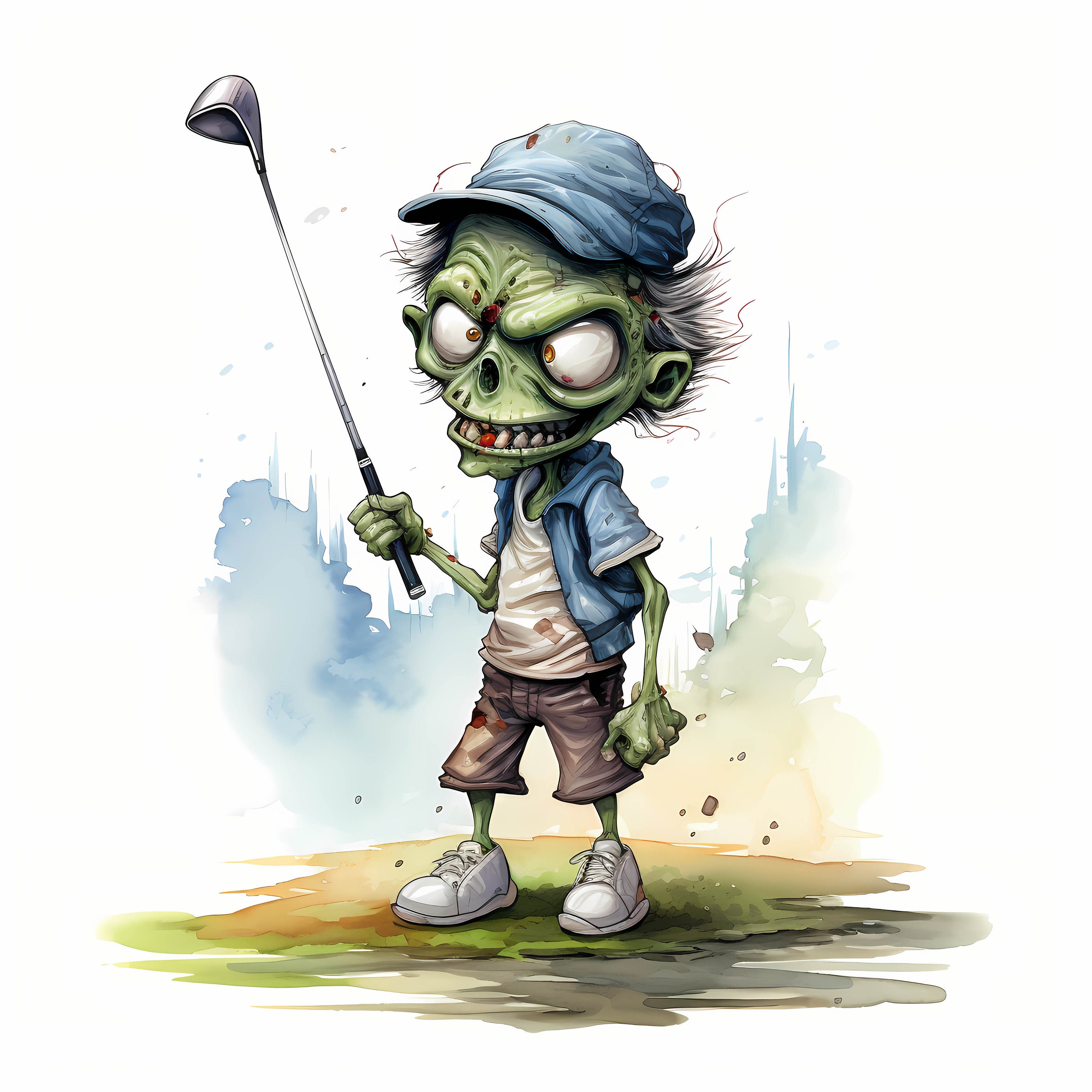 Zombie Golf Player Portrait Watercolor Clipart, Halloween Zombie Sports ...