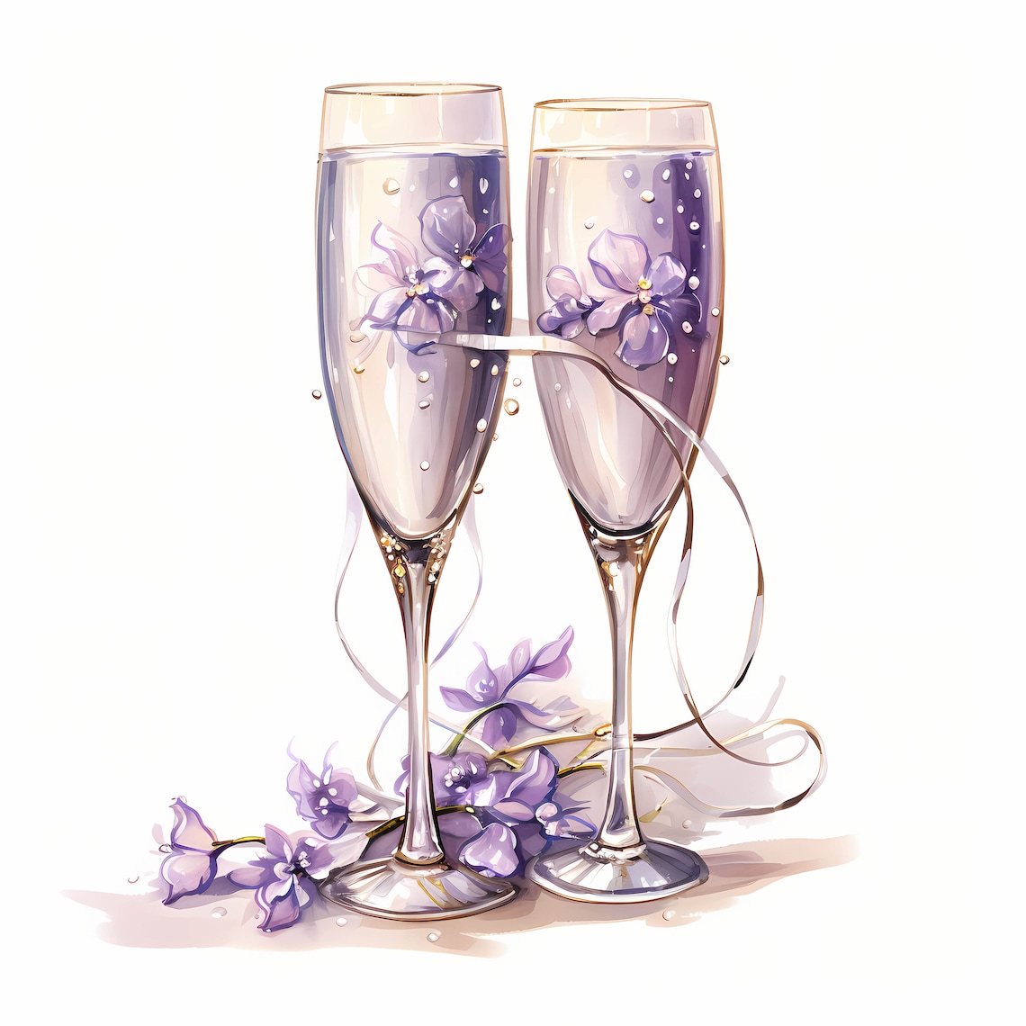 Wedding Glasses Watercolor Clipart Bundle, Decorated Champagne Wedding ...